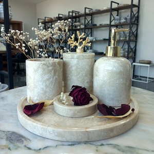 Natural Marble Bathroom Set, 5 Pieces, Natural Beige Marble Bath Set ...