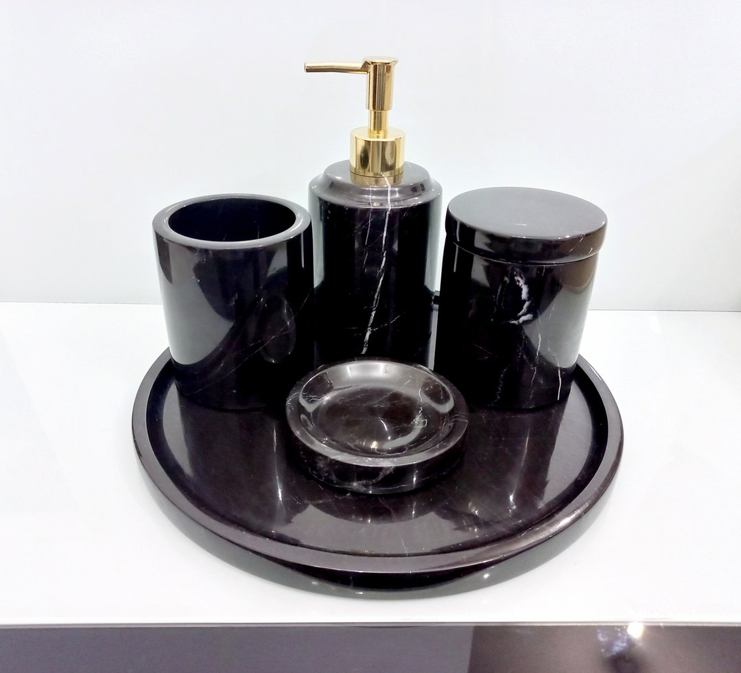 Natural Marble Bathroom Set, 5 Pieces, Alexandrette Black Marble Bath ...