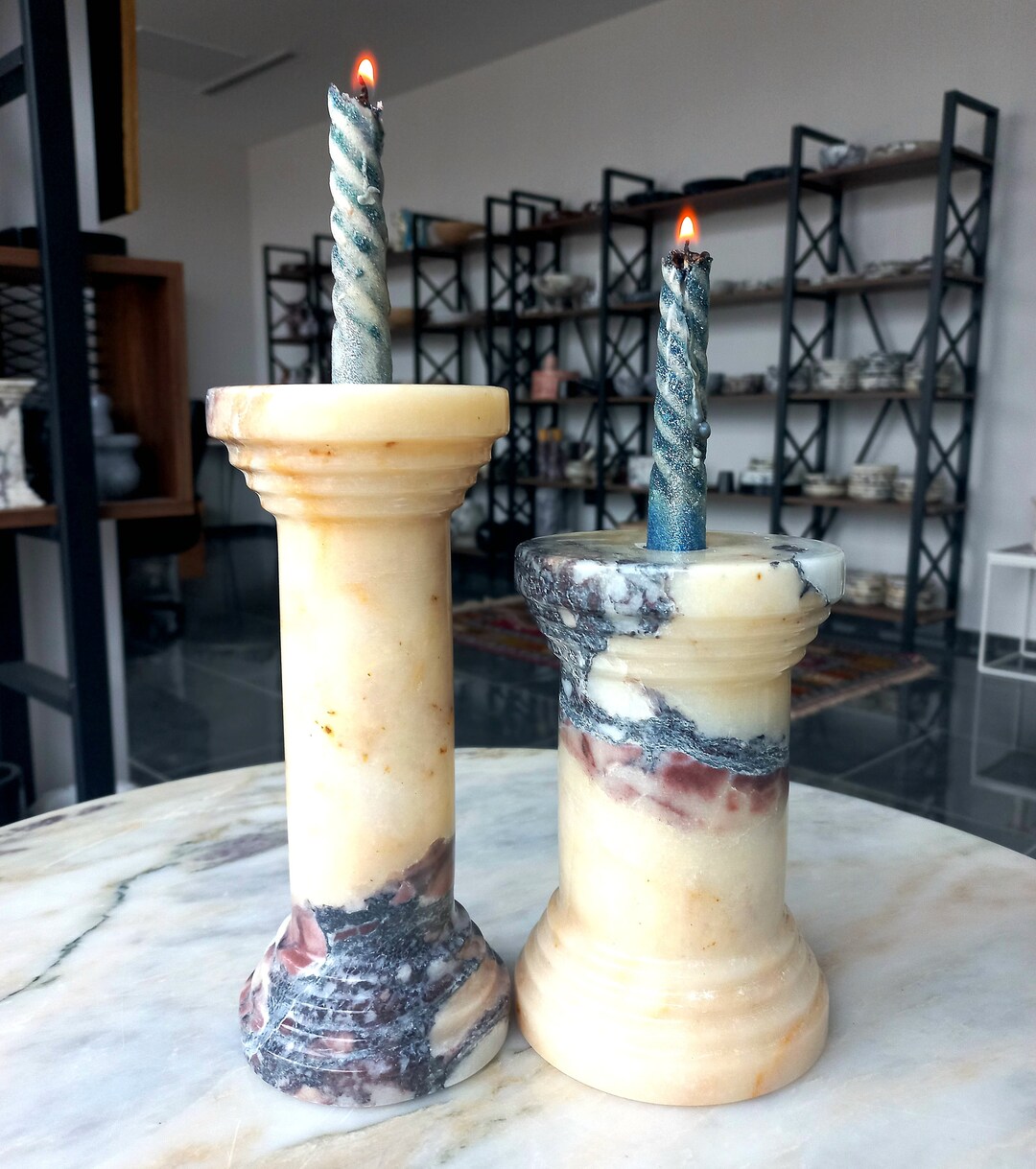 Natural Marble Candlestick Holders, a Set of 2, Columnar Candle Holders ...