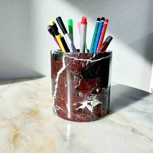 Natural Marble Pen Holder, Rosso Levanto Marble Brush Holder, Genuine ...