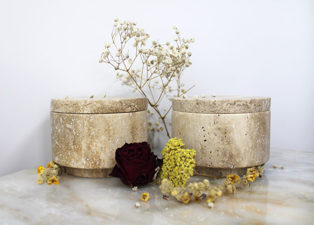 Natural Light Beige Travertine Jar With Lid, Travertine Storage Box ...