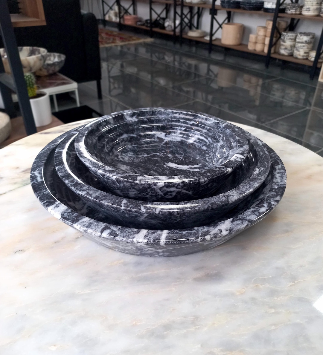 Natural Tiger Black-gray Marble Fruit Serving Bowl, Nested Marble Bowl ...