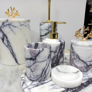 Natural Marble Bathroom Set, 7 Pieces, Lilac-white Marble Bath Set ...
