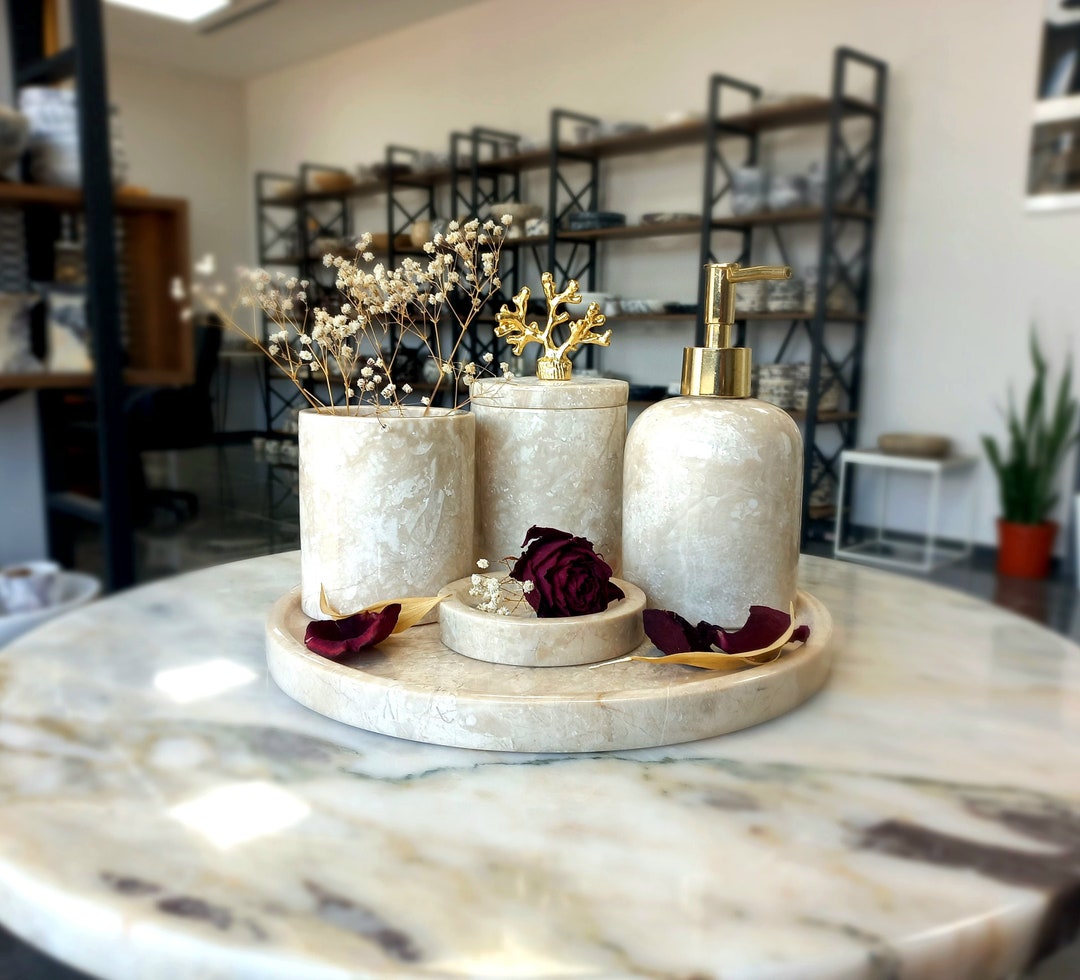 Natural Marble Bathroom Set, 5 Pieces, Natural Beige Marble Bath Set ...