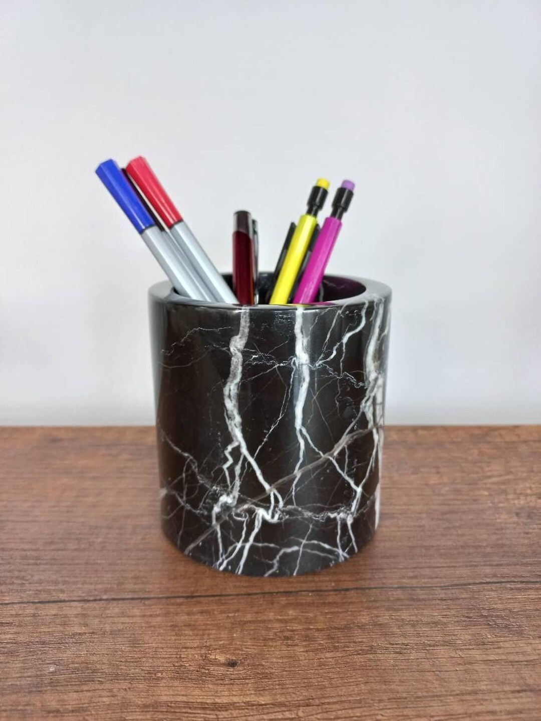 Natural Marble Pen Holder, Black&white, Genuine Veined Marble, Gifts ...