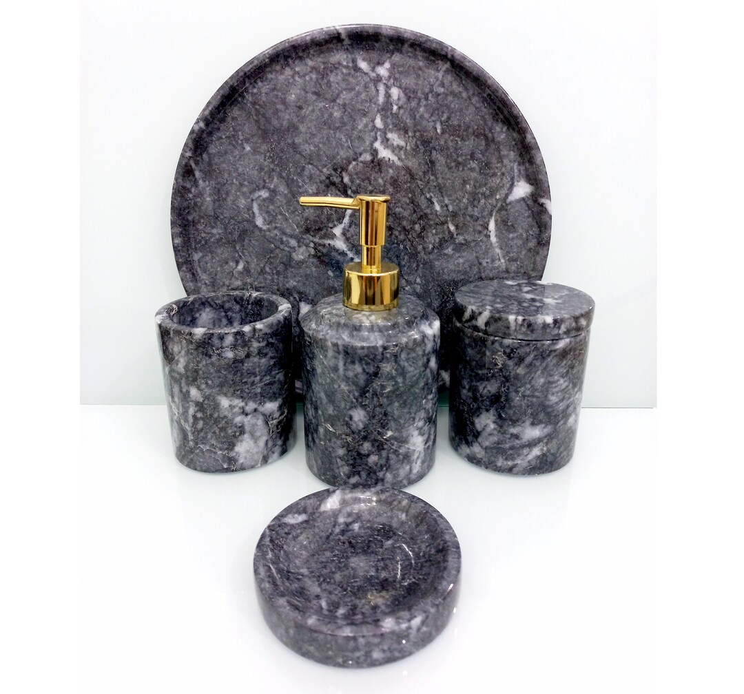 Natural Marble Bathroom Set, 5 Pieces, Tiger Dark Gray-silver Marble ...