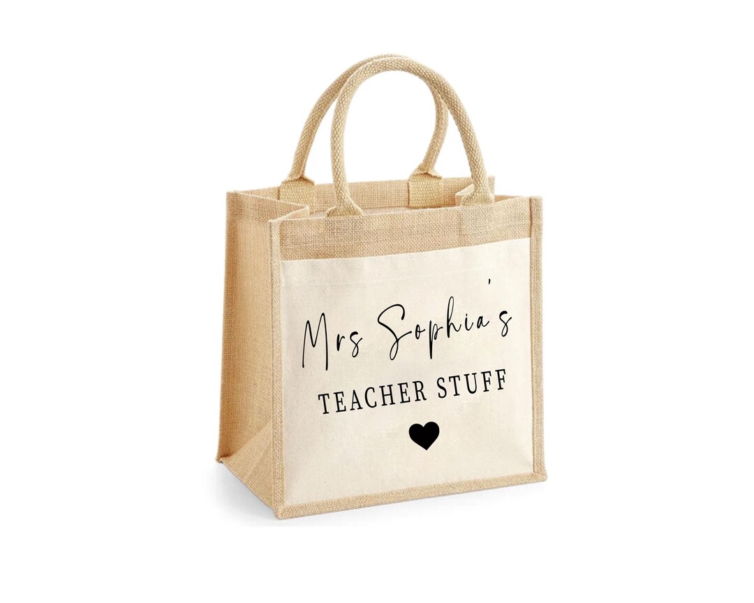 Personalized Teacher Jute Tote Bag – “teacher Stuff” Print, Custom ...