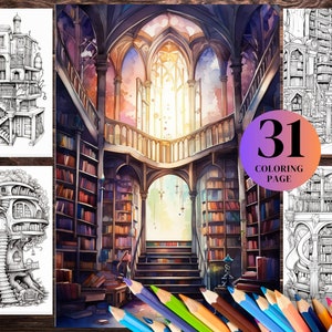 31 Fantasy Library Coloring Pages Bundle , Enchanted Library Coloring ...