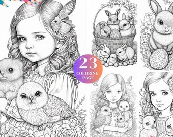 22 Easter Fun Cute Bunny, Chicks & Eggs Coloring Page, Adults Kids ...