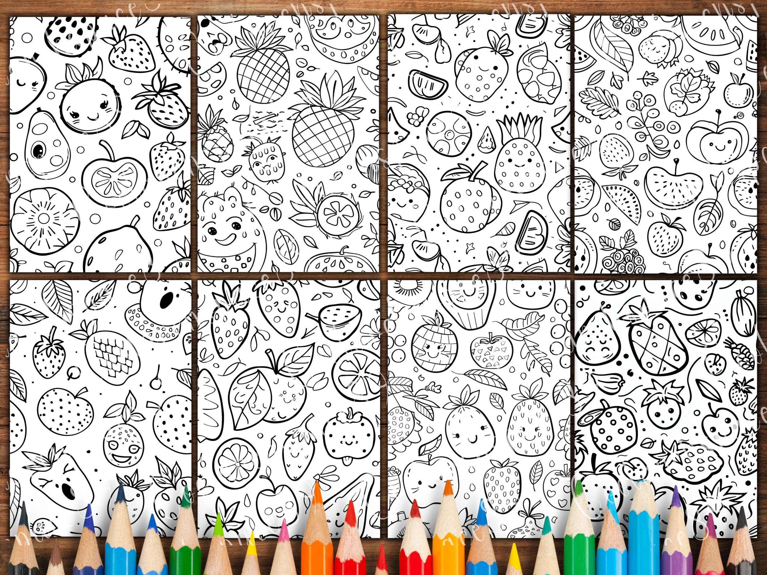 40 Fruits Doodle Coloring Books, A4 Size PDF & JPG Files ,digital ...