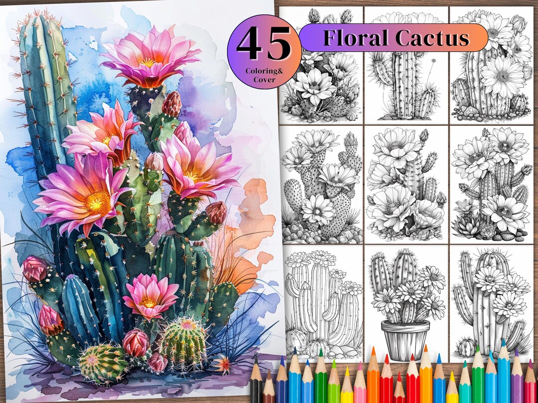 45 Floral Cactus Coloring Books , Printable PDF, Botanical Coloring ...