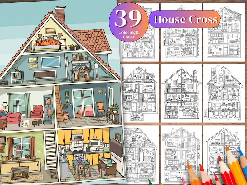 39 House Cross Section Coloring Book, House Interior Design Coloring ...