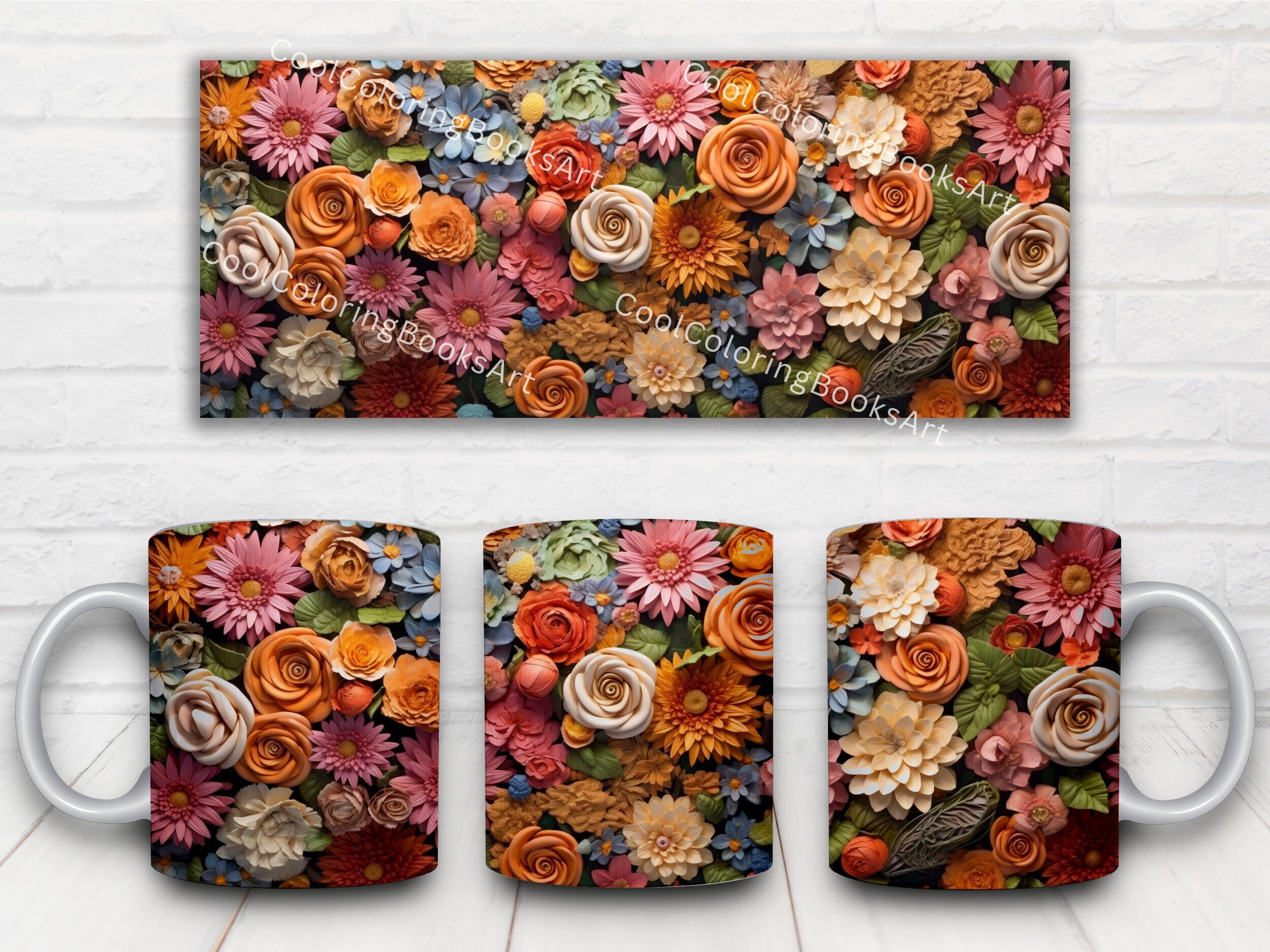 3D Flowers Mug Wrap, Floral Mug PNG, 3D Mug Wrap, 11oz Sublimation Wrap ...