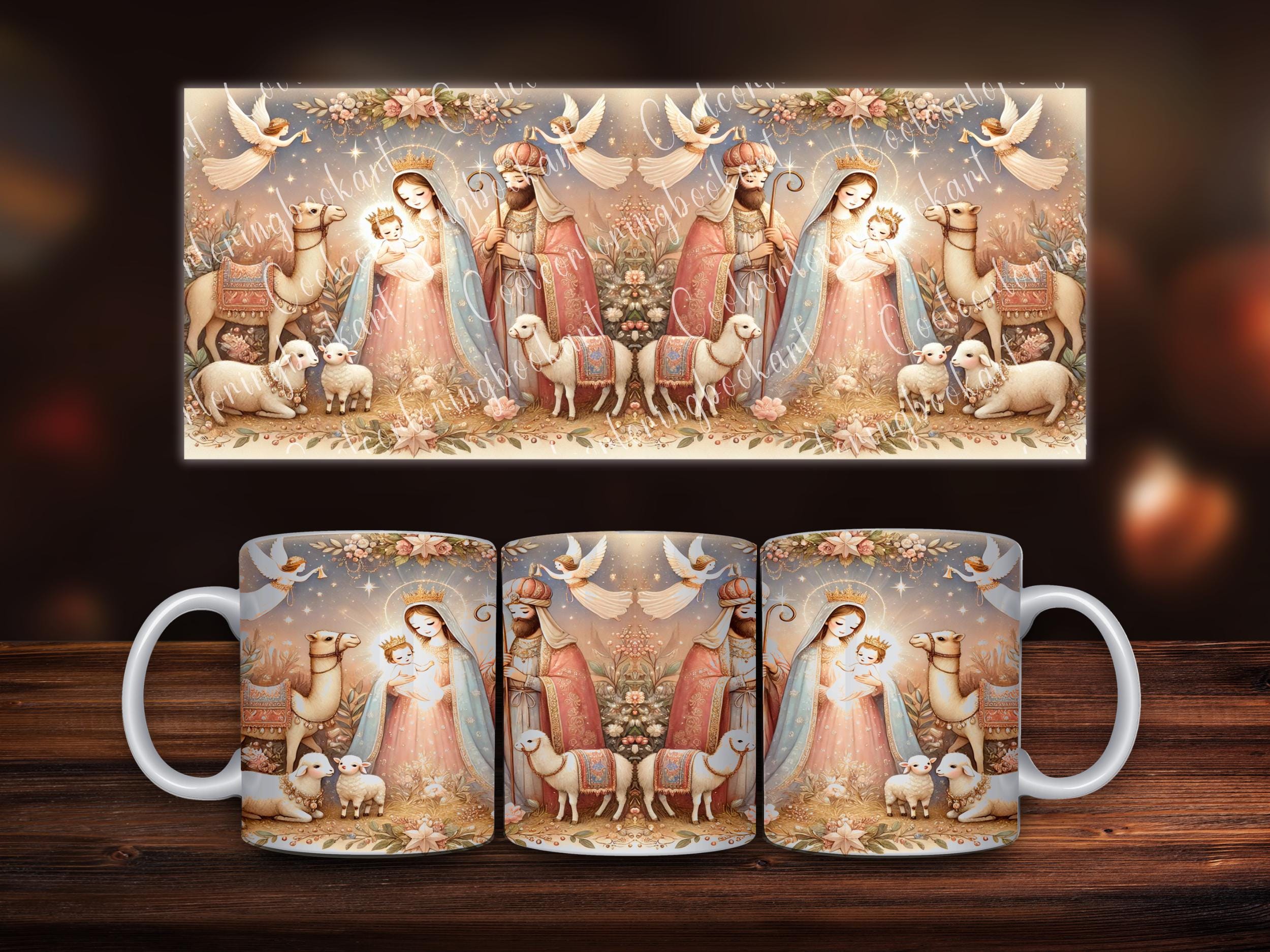 Watercolor Nativity Scene Mug Wrap: Religious Coffee Mug (PNG Digital ...