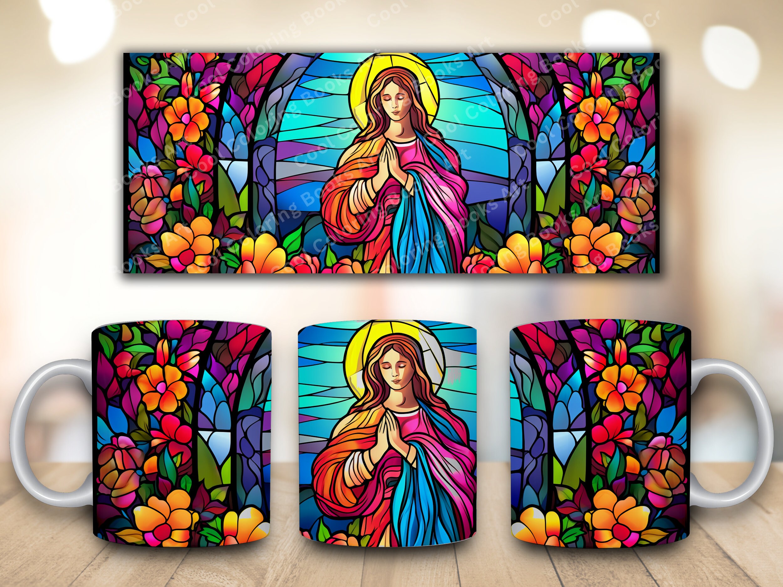 10 Stained Glass Virgin Mary Mug Wrap, 11oz Mug Template, Mug ...