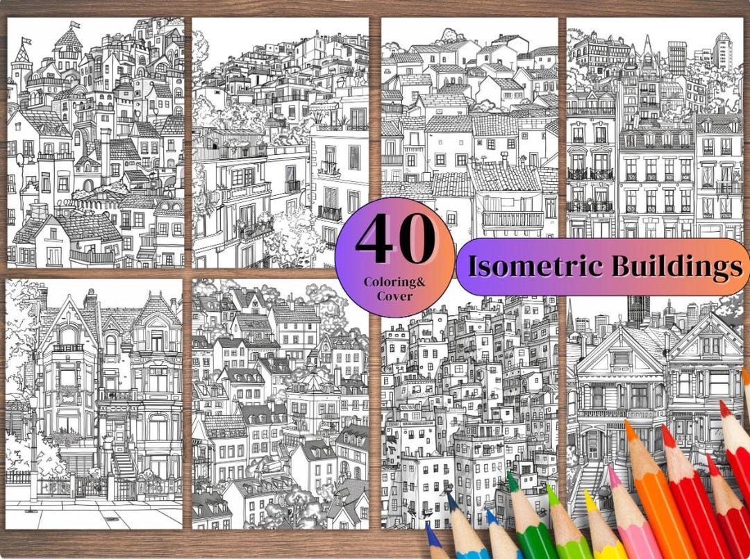 40 Isometric Buildings Coloring Book, Printable City Houses Coloring ...