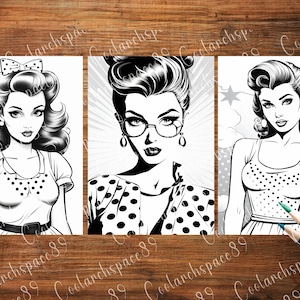 42 Rockabilly Retro Girl Coloring Pages: Grayscale (printable PDF & JPG ...