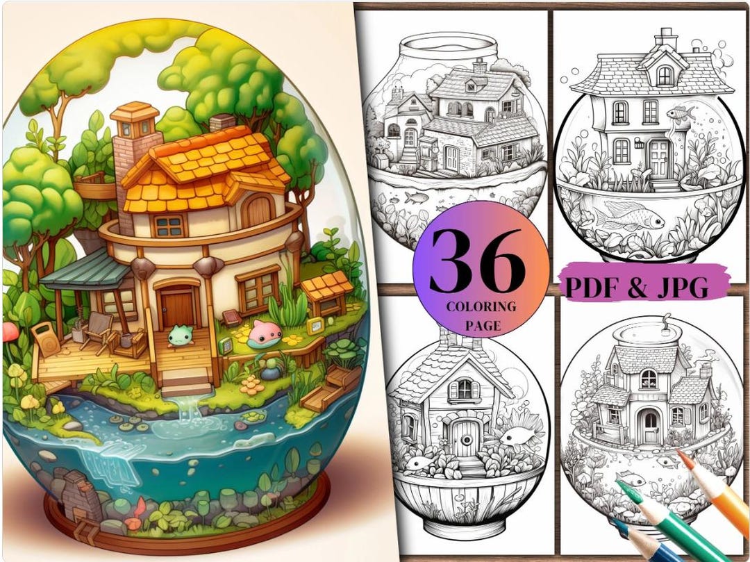 36 Fish House in Jar Grayscale Coloring Pages for Adults, Kids,a 4 Size ...