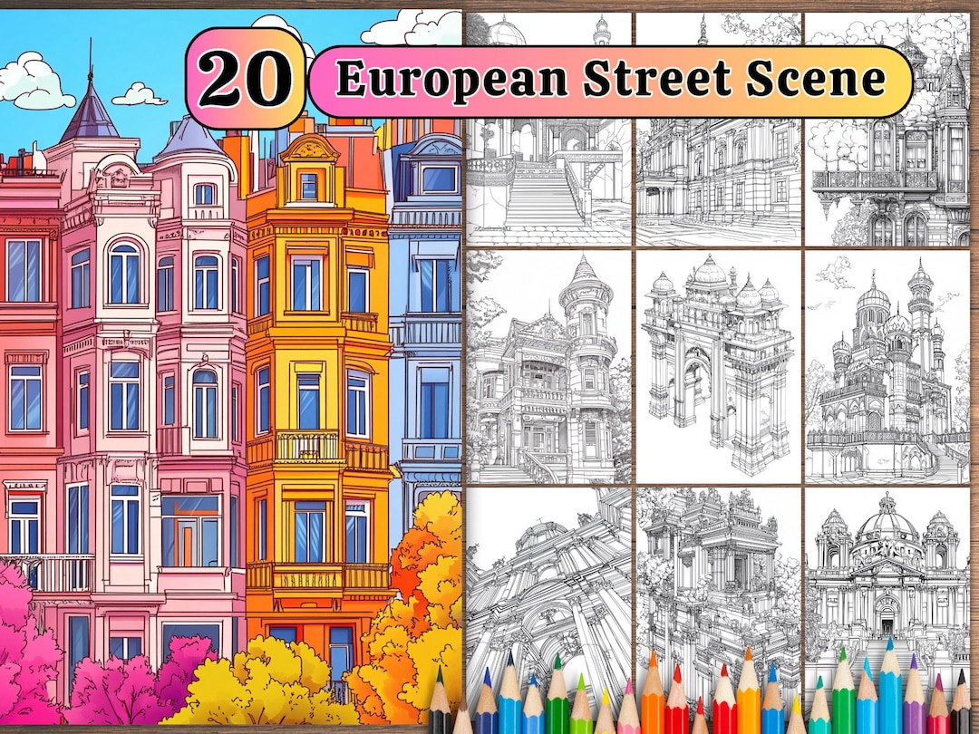 21 European Street Scene Vintage Coloring Page Printable, Historic ...