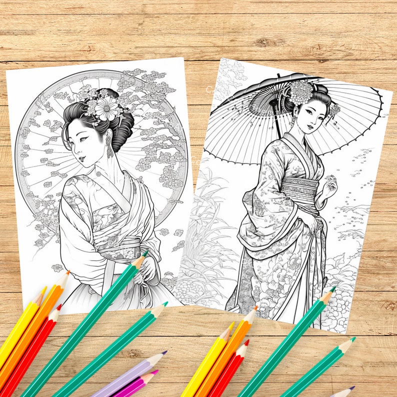 22 Grayscale Japanese Geisha Coloring Book Printable Adult - Etsy
