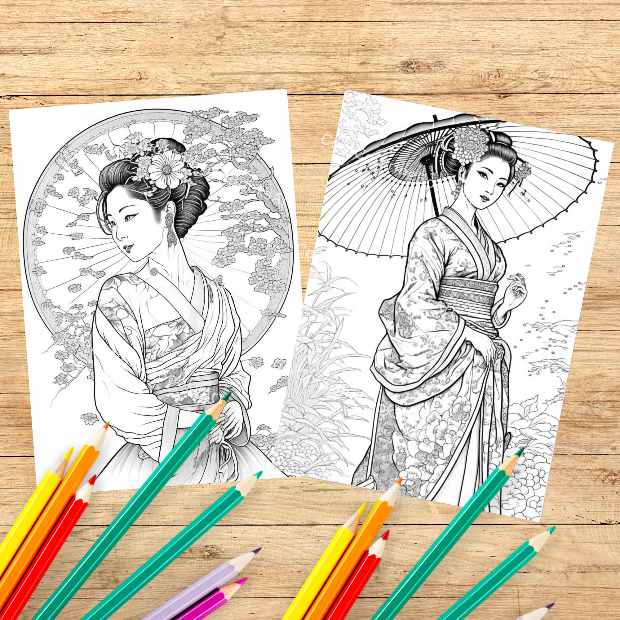 22 Grayscale Japanese Geisha Coloring Book , Printable Adult Coloring ...