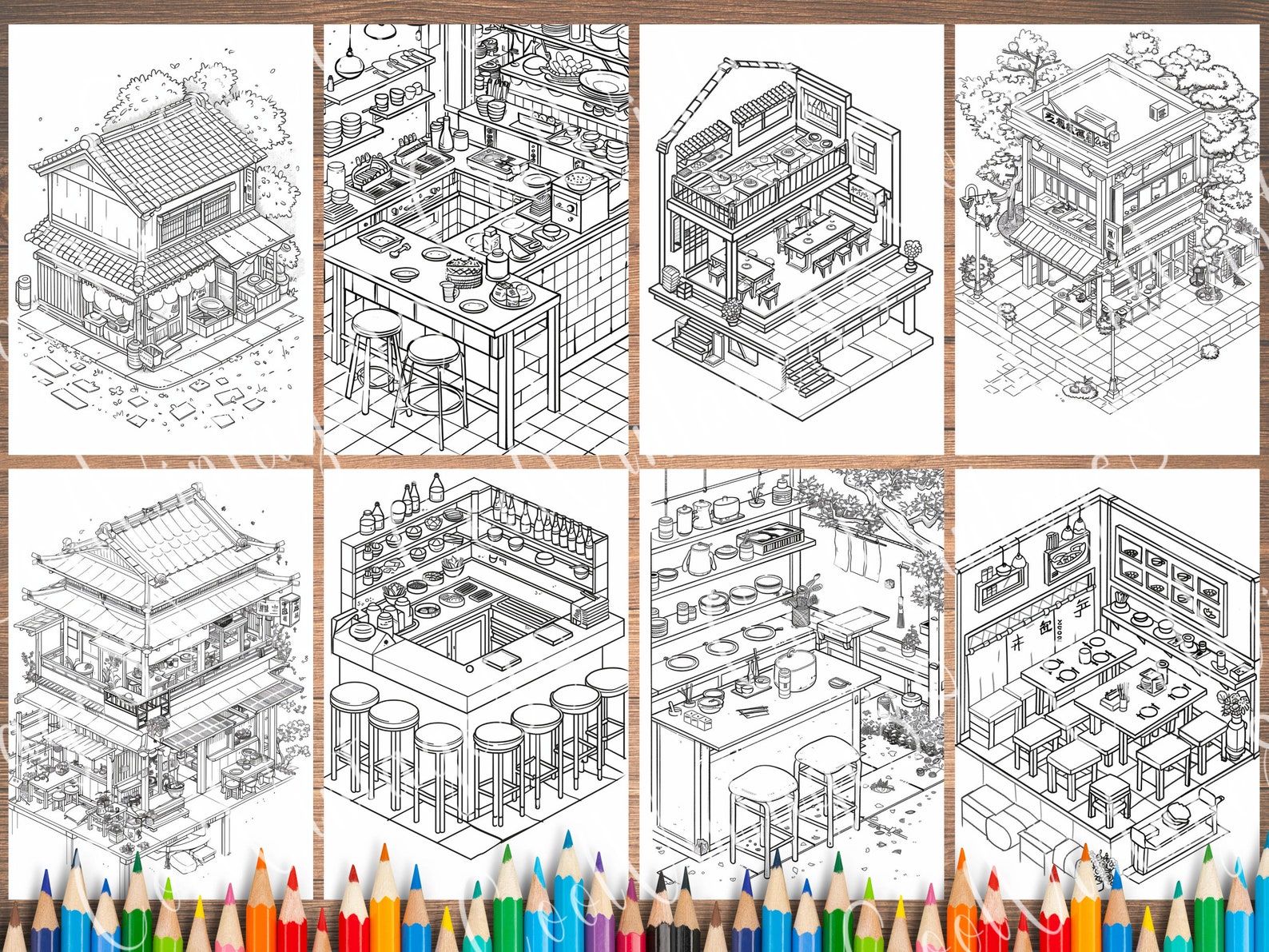 Japanese Restaurant Coloring Book: 35 Shop House Pages (digital ...