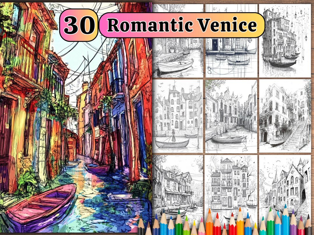 30 Venice Cityscape Coloring Pages: Italy Gondola Scenes (digital ...