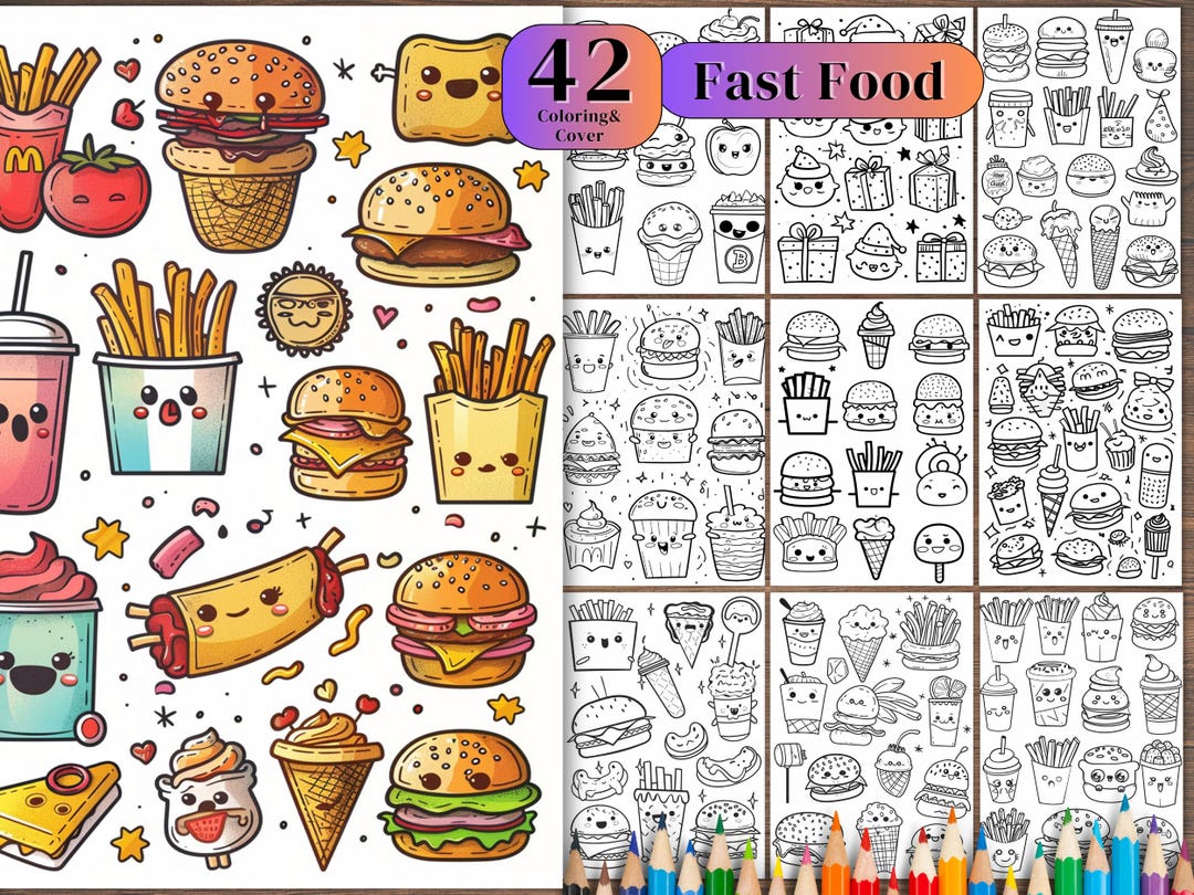 42 Fast Food Coloring Pages: Grayscale Yummy Food (printable PDF) - Etsy