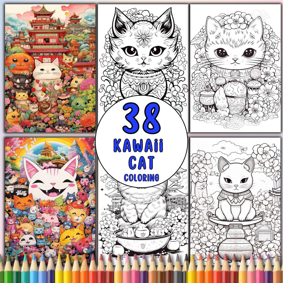 38 Kawaii Cat Doodle Coloring Pages, Cute Kitten Coloring Book, Fun ...