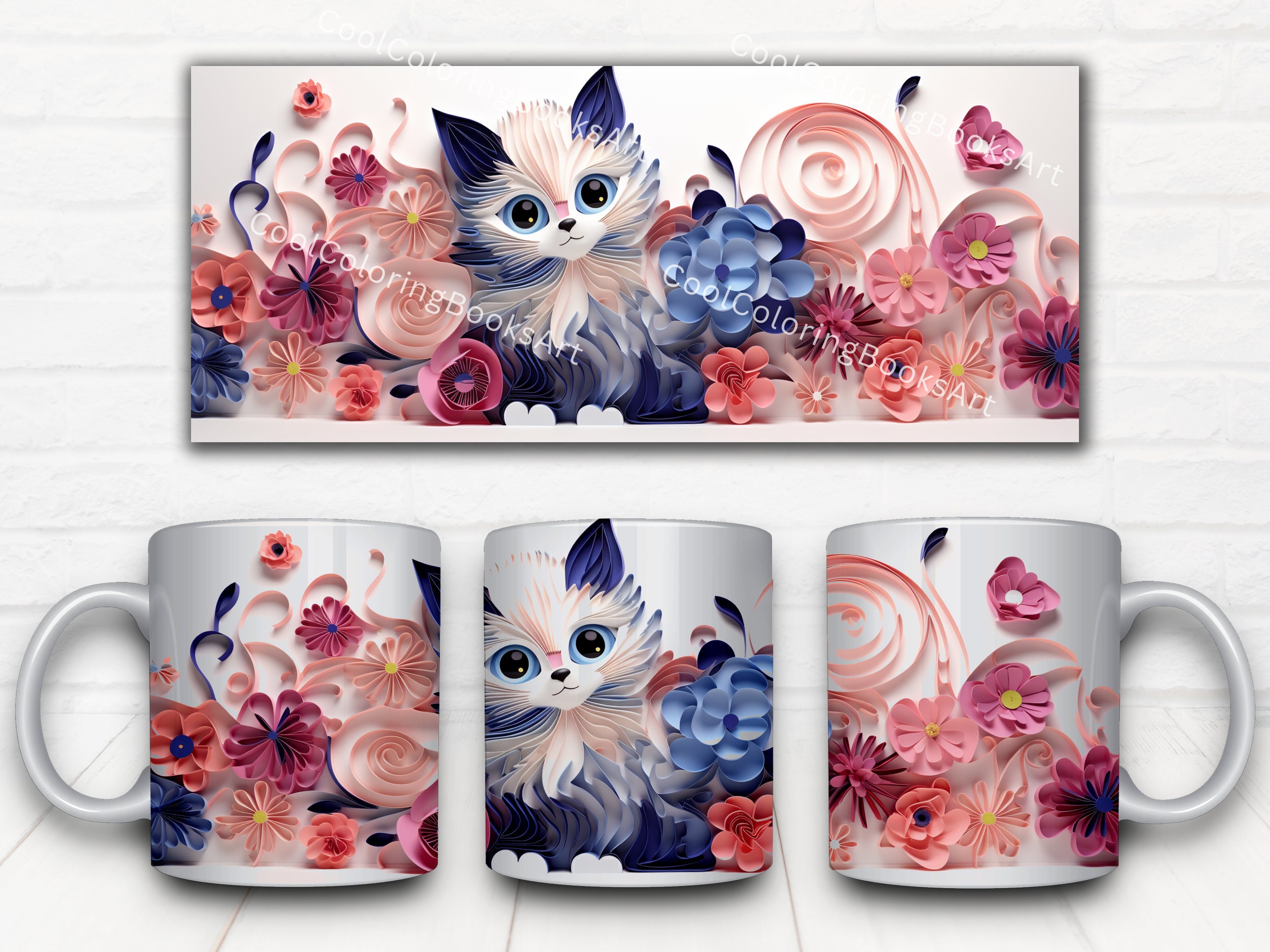 3D Magical Kitten With Flowers , 3D Tabby Cat Mug Wrap, Cat Mug Design ...