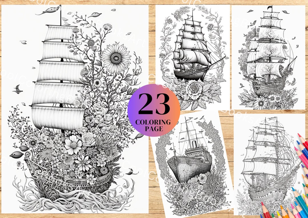 23 Flower Ships Coloring Page Adults Kids Grayscale - Etsy