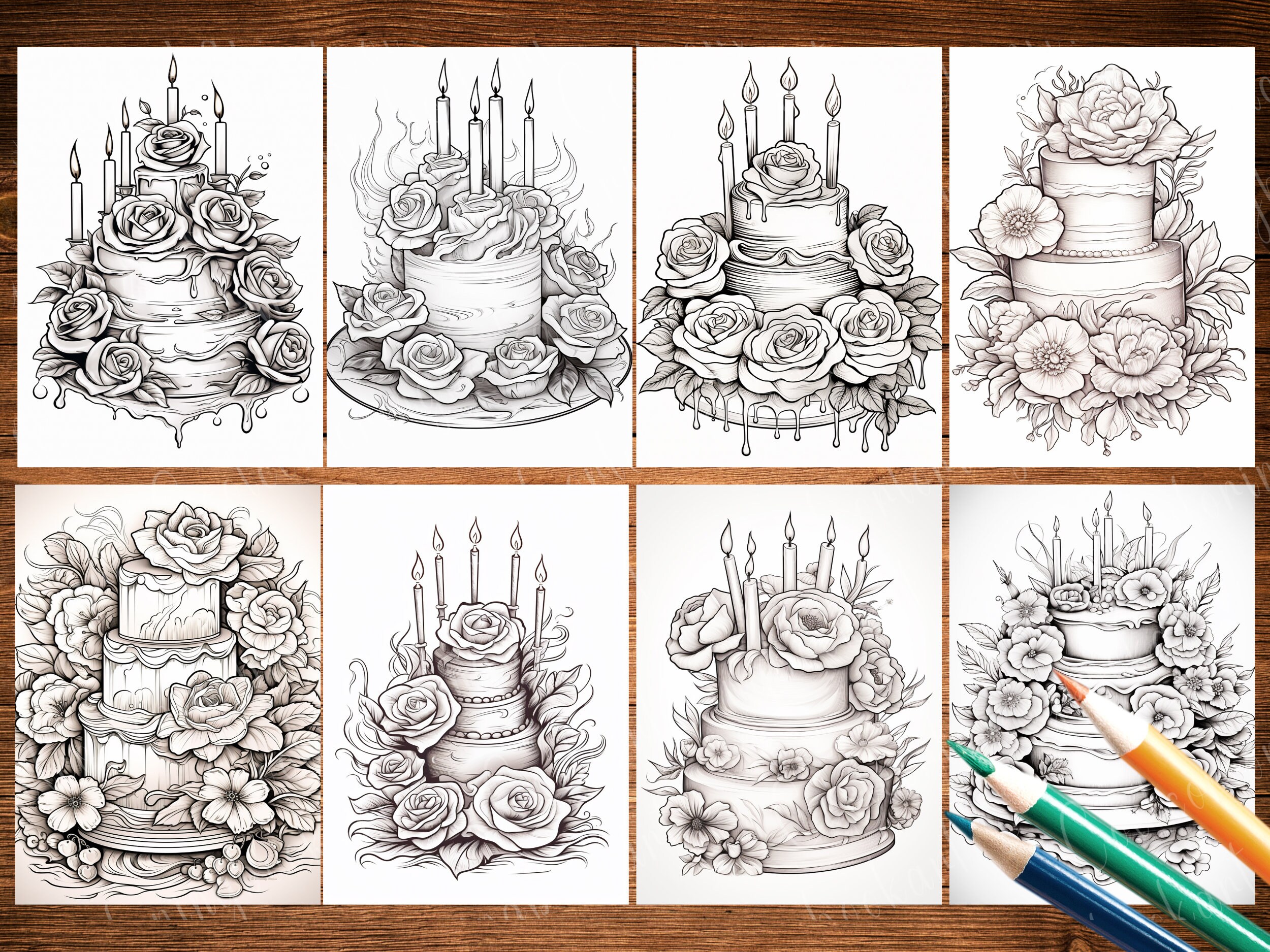 24 Cakes Coloring Book, Adults Kids Instant Download grayscale Coloring ...