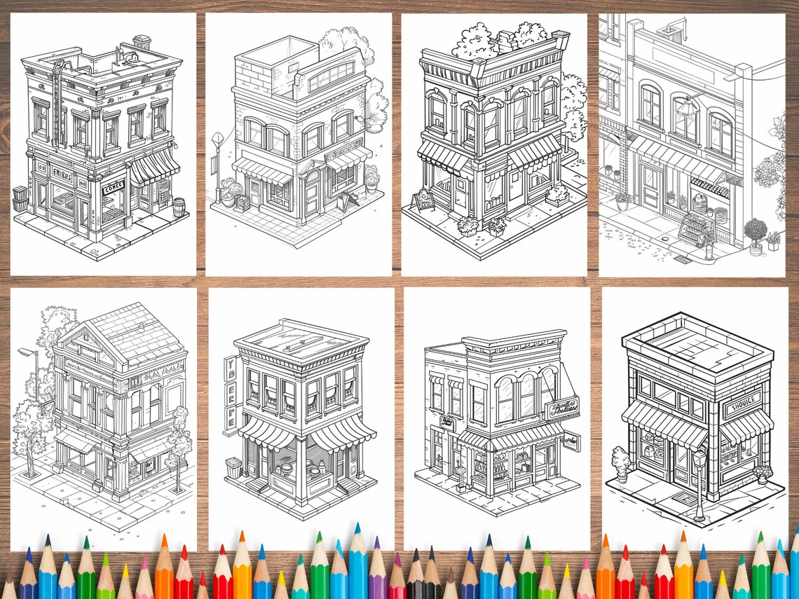 40 Isometric Vintage Storefront Coloring Books ,A4 Size Digital ...