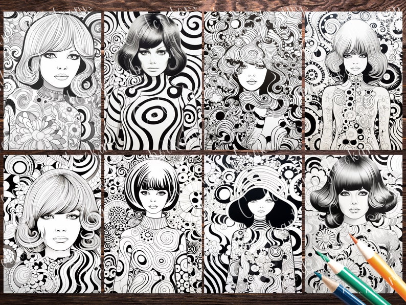32 60s Fashion Coloring Pages, Coloring Book for Adults, Grayscale ...