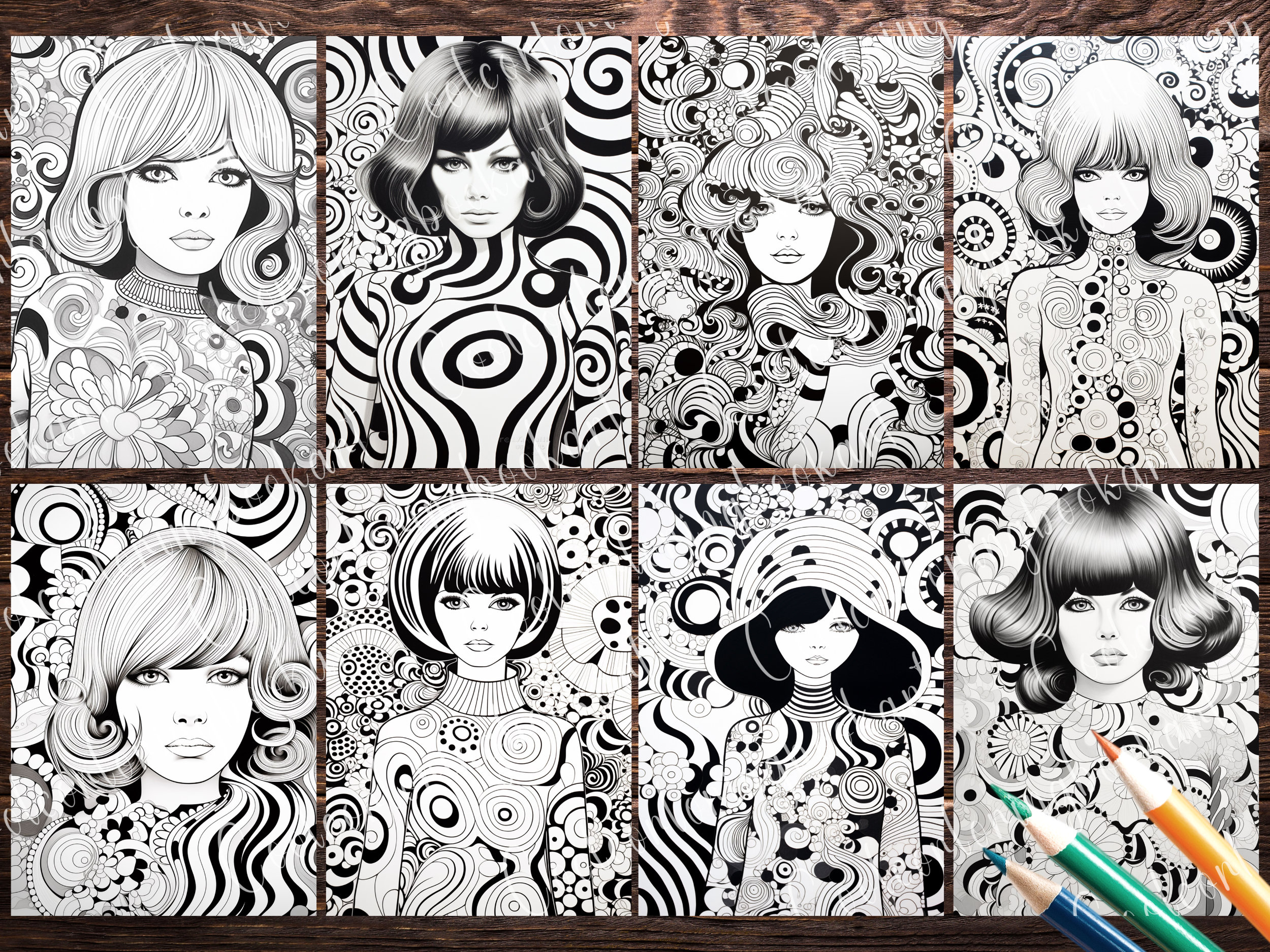 32 60s Fashion Coloring Pages, Coloring Book for Adults, Grayscale ...