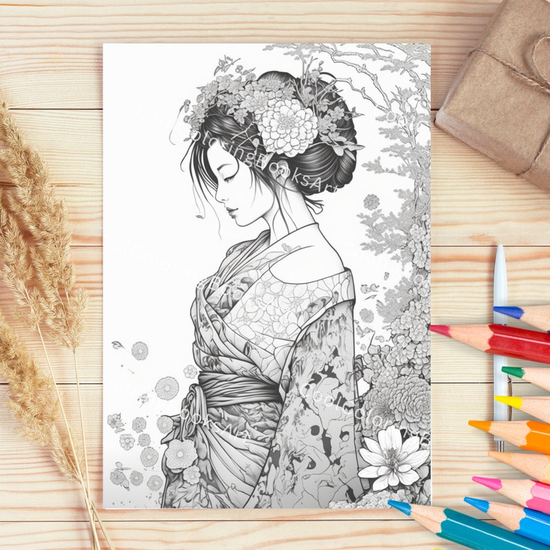 22 Grayscale Japanese Geisha Coloring Book Printable Adult - Etsy