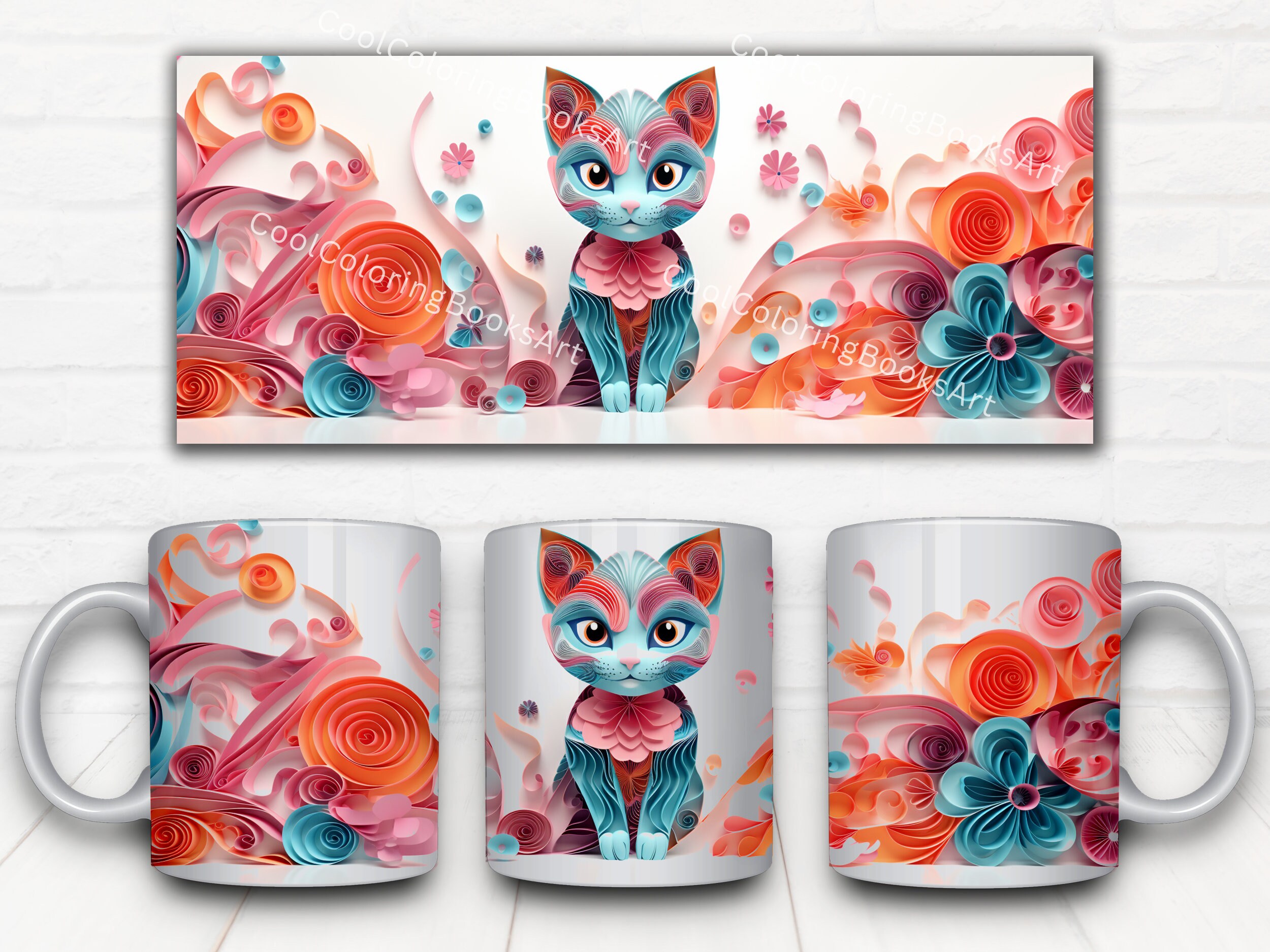 3D Magical Kitten With Flowers , 3D Tabby Cat Mug Wrap, Cat Mug Design ...