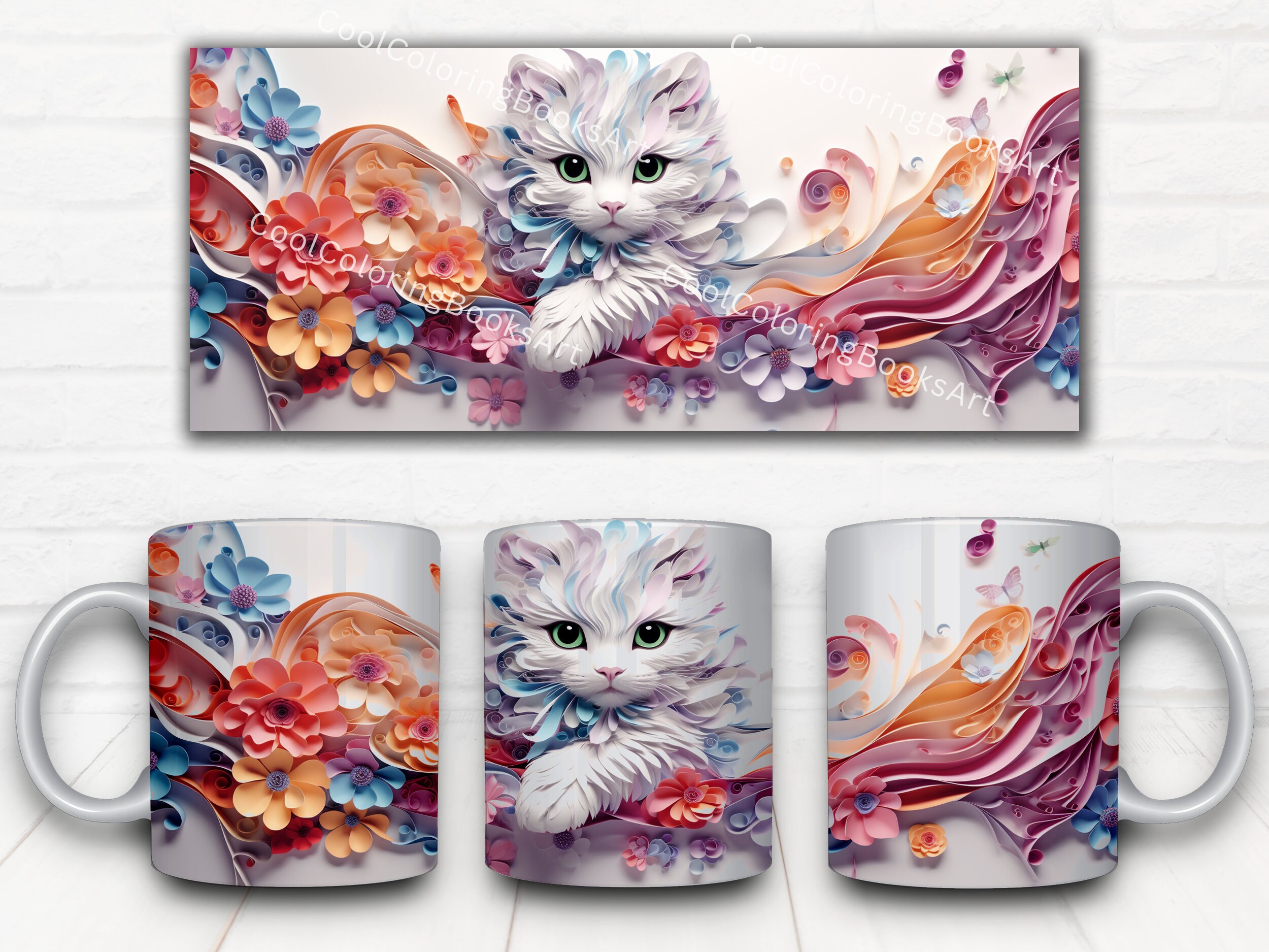 3D Magical Kitten With Flowers , 3D Tabby Cat Mug Wrap, Cat Mug Design ...