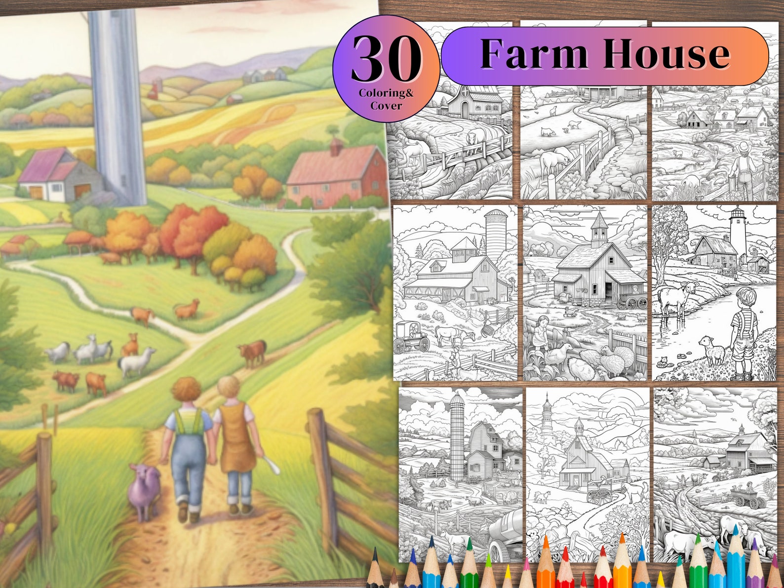 30 Farm Coloring Book , Farm Coloring Pages Printable , Grayscale ...