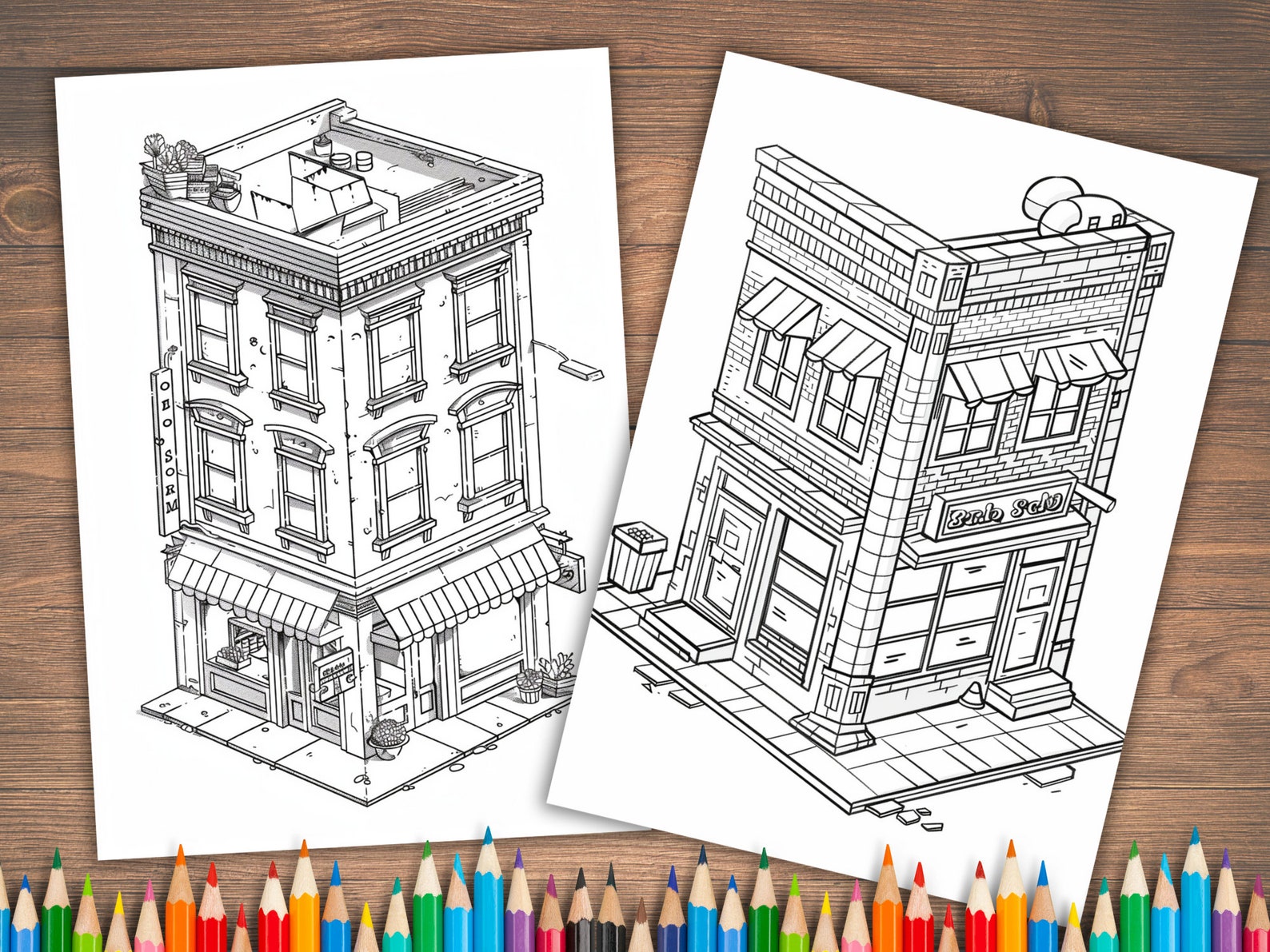 40 Isometric Vintage Storefront Coloring Books ,A4 Size Digital ...
