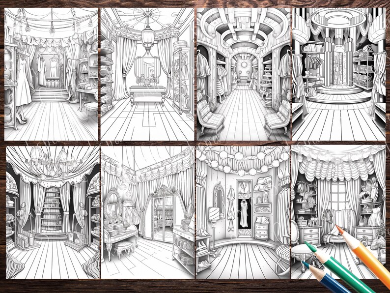 38 Dressing Room Coloring Page, Fantasy Grayscale Room Coloring Book ...