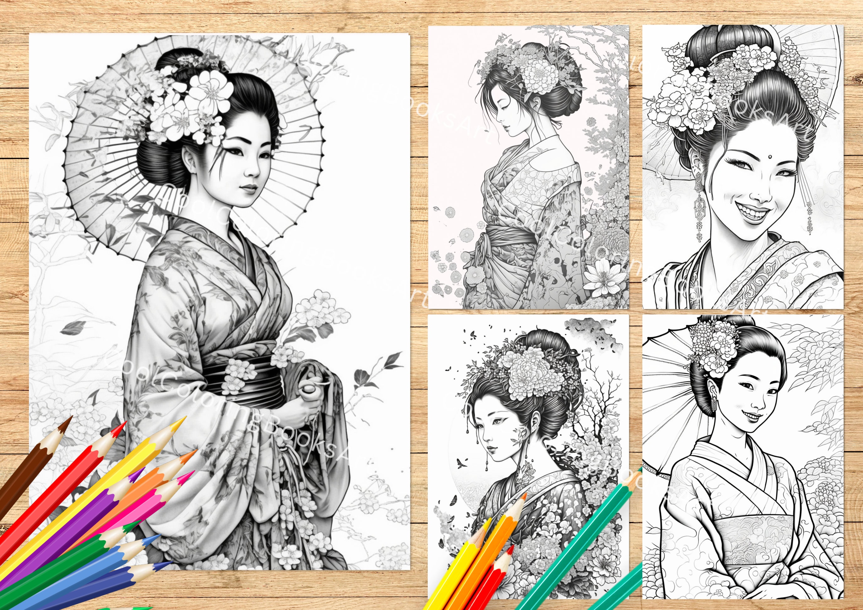 22 Grayscale Japanese Geisha Coloring Book , Printable Adult Coloring ...