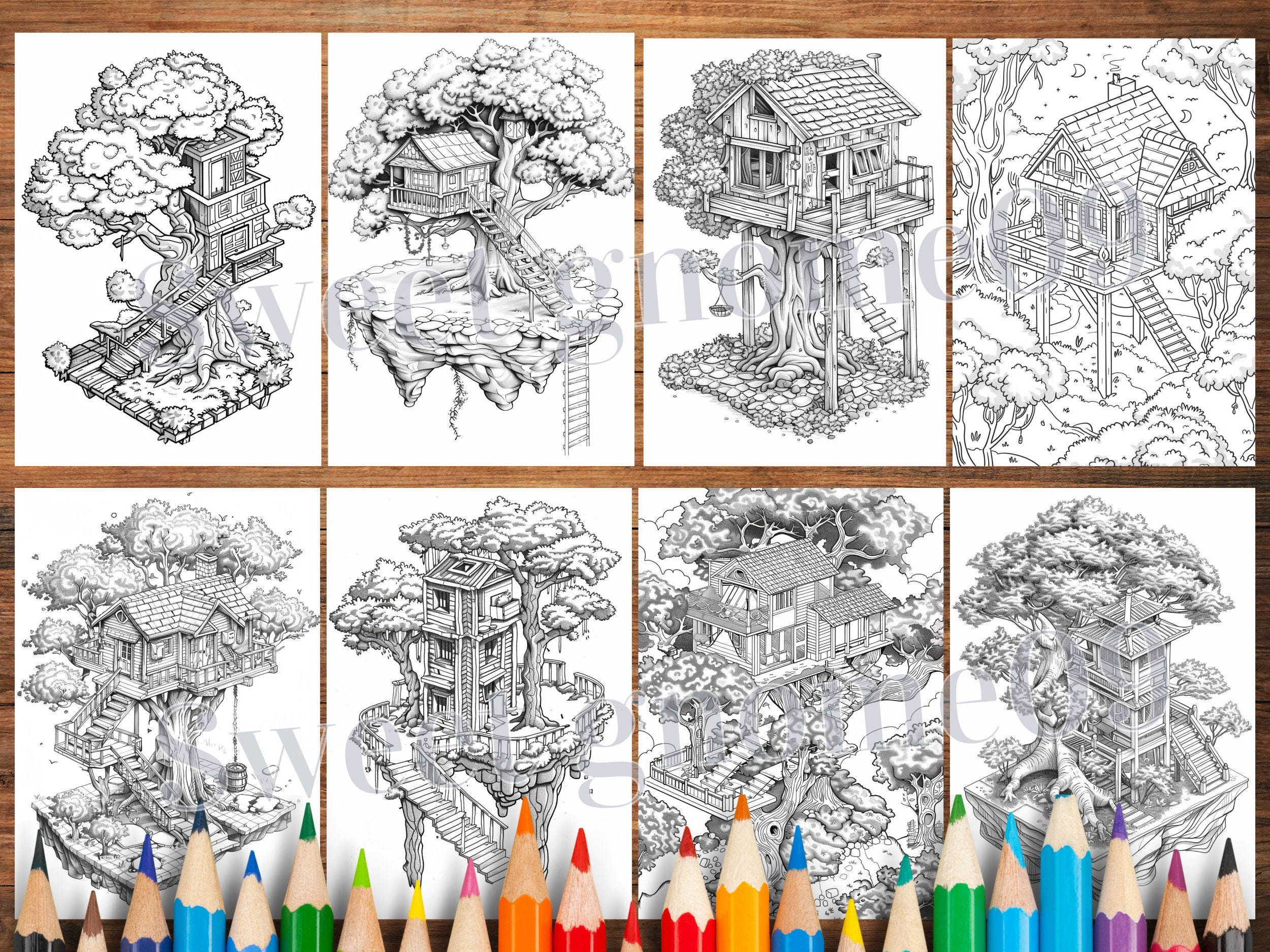 38 Treehouses Coloring Pages for Adults, Printable Grayscale Sheets ...