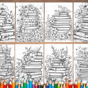 39 Books and Flowers Coloring Book, Grayscale Fantasy Floral Books ...