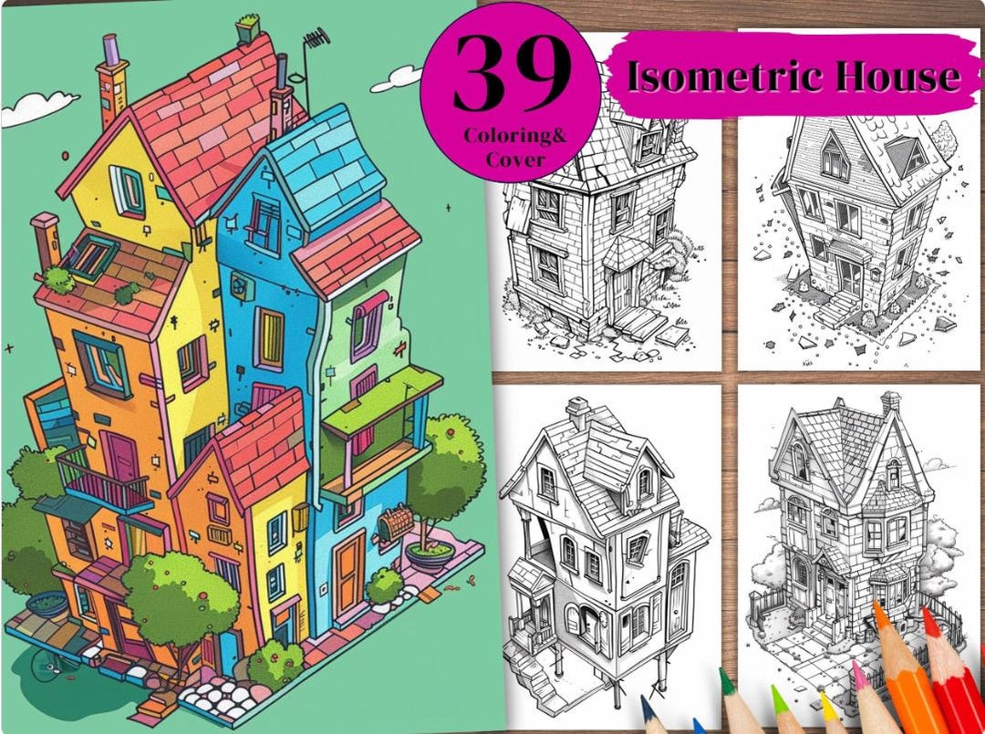 Isometric Crooked House Coloring Pages: 39 Whimsical Buildings (digital ...