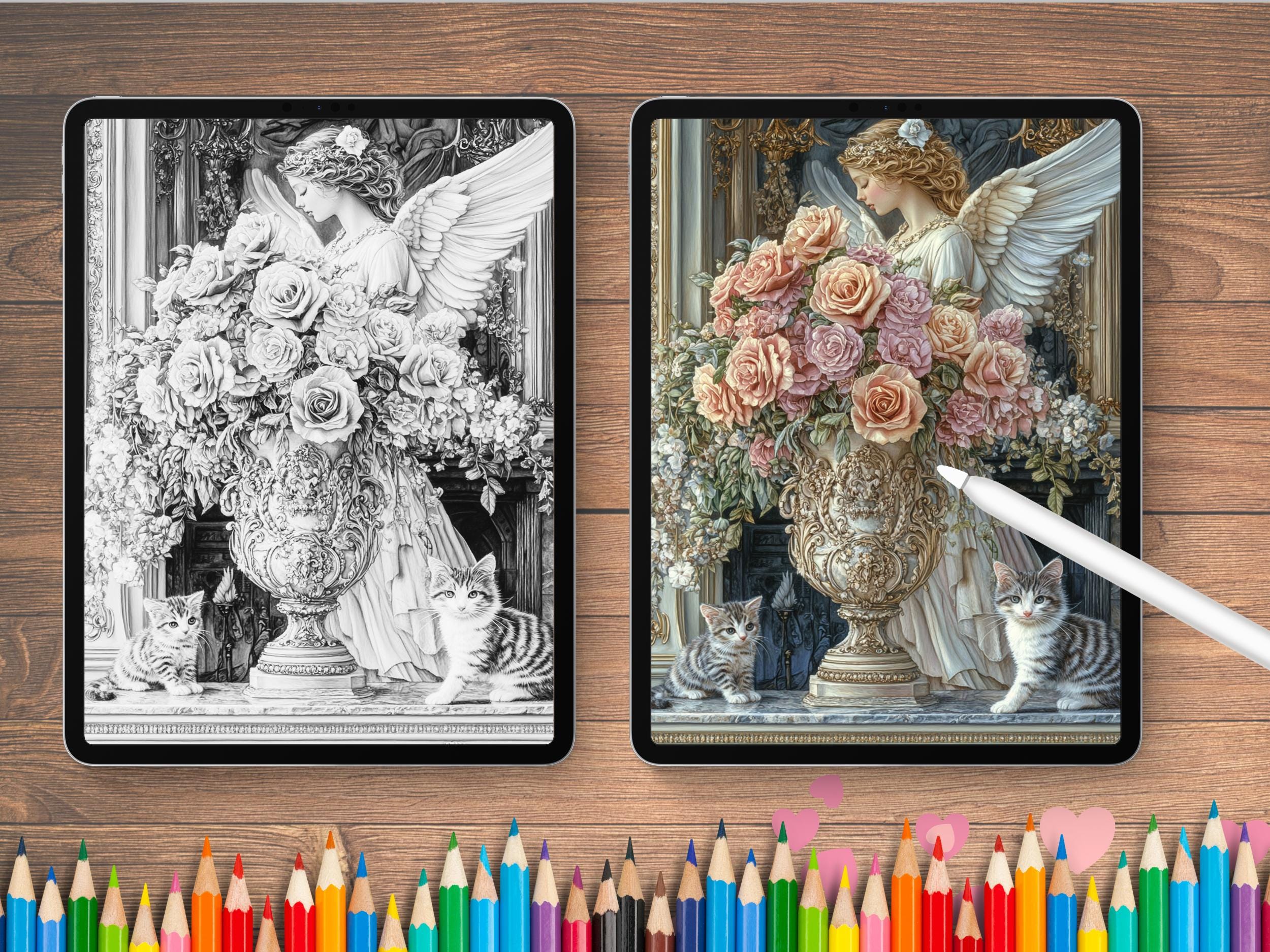 Angel Coloring Pages: Elegant Rose Fantasy Art (JPG & PDF Downloads A4 ...
