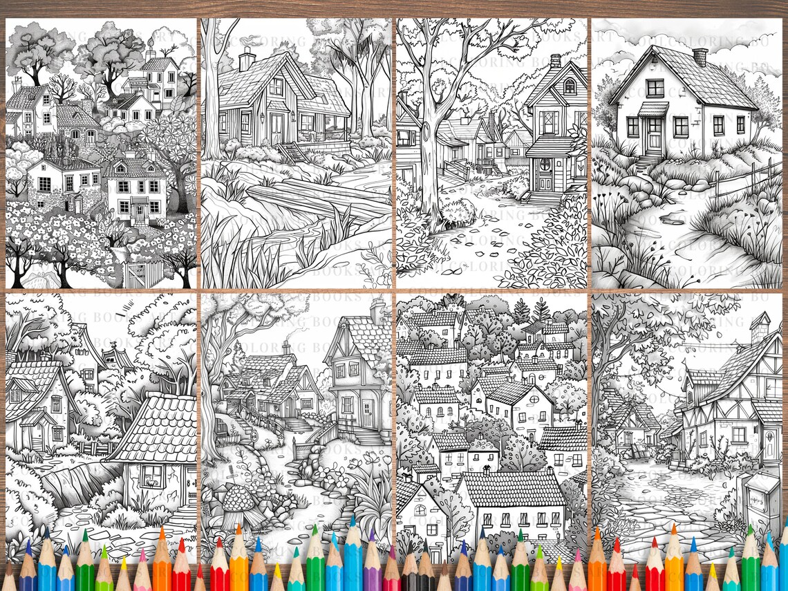 Rustic Houses Coloring Pages: Countryside Floral Gardens (PDF Print) - Etsy