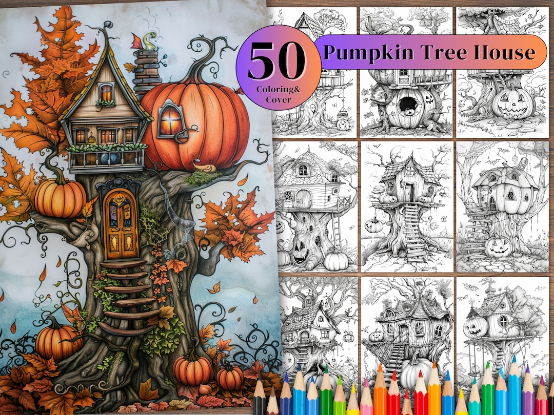 50 Pumpkin House Coloring Page Book, Printable PDF Sheets, Instant ...