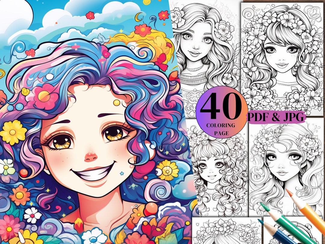 40 Cute Girl Coloring Page for Adults, Beautiful Girls, Grayscale ...