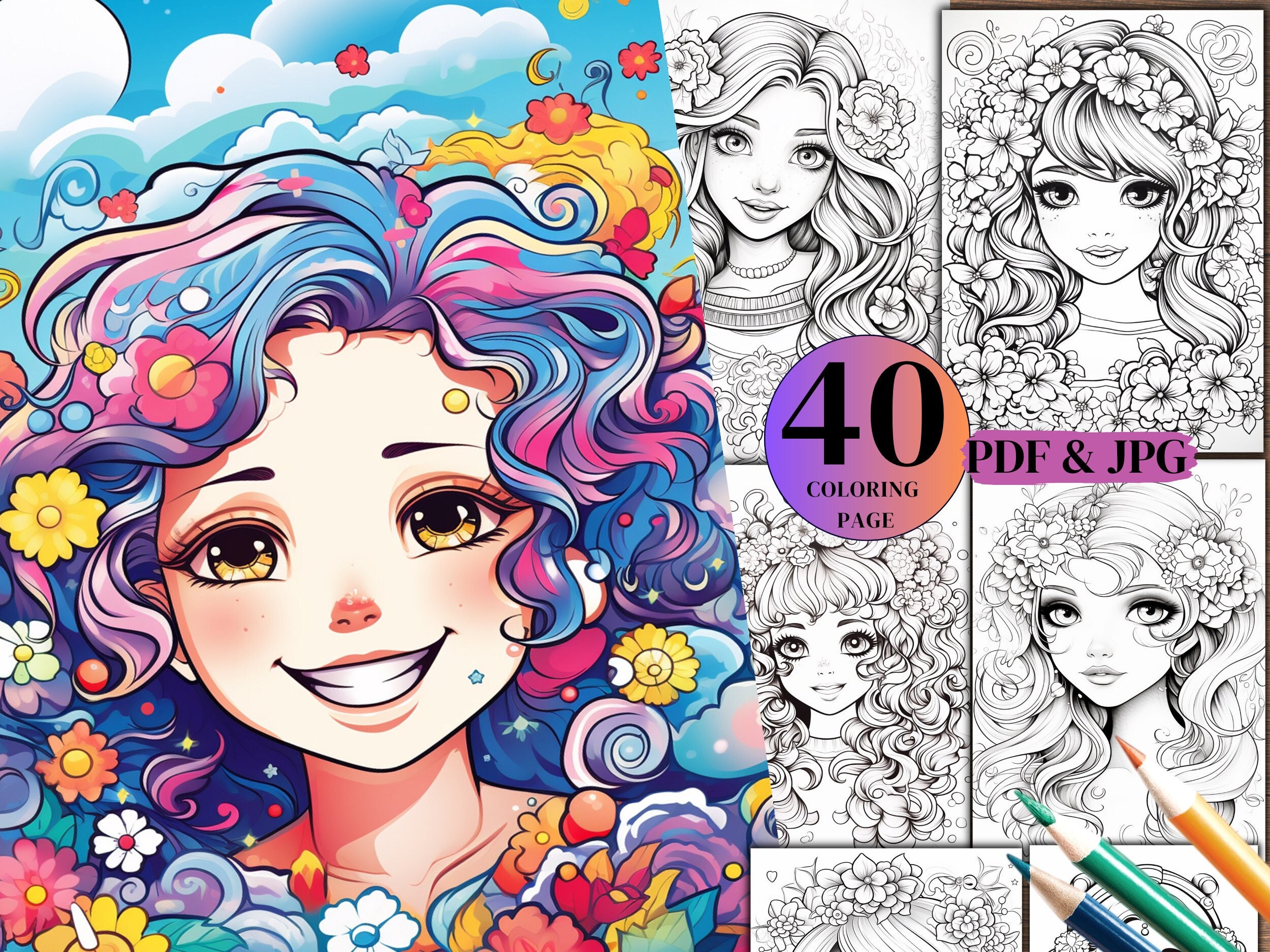 40 Cute Girl Coloring Page for Adults, Beautiful Girls, Grayscale ...